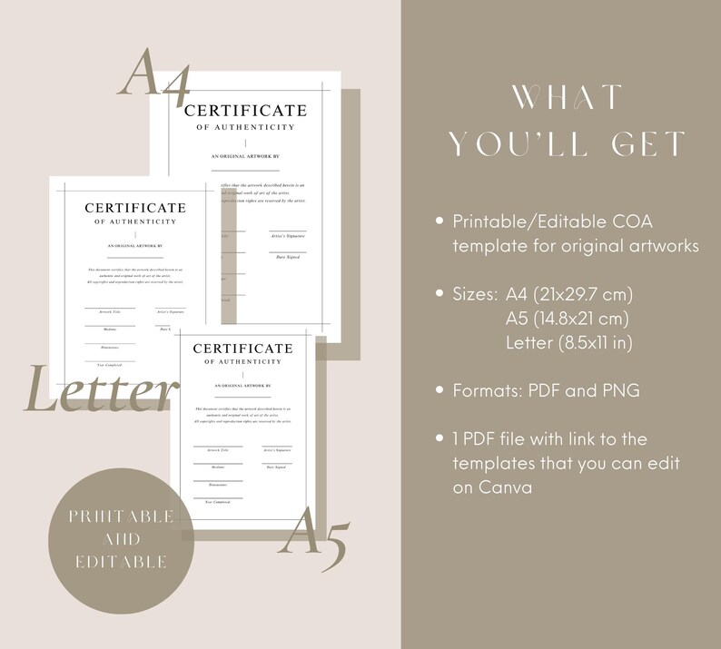 Certificate of Authenticity Template, Artist COA Template for Original ...