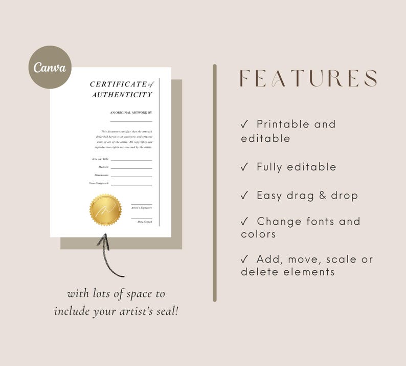 Certificate of Authenticity Template, Artist COA for Original Artworks ...