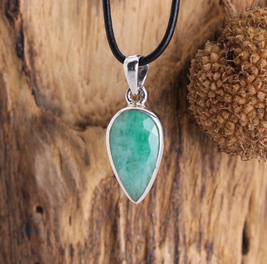 Emerald Necklace Pendant Faceted Neck Jewelry 925 Sterling Silver Real ...