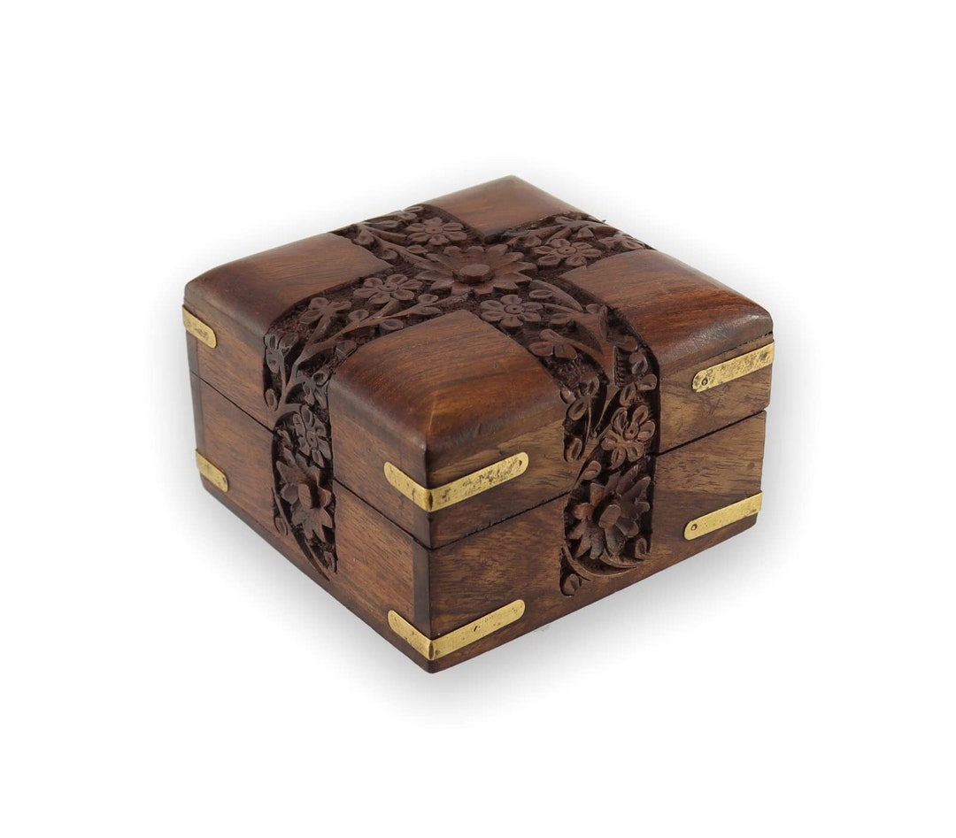Handcrafted Compact Jewelry Box Made of Rosewood With Floral Cross, Red ...