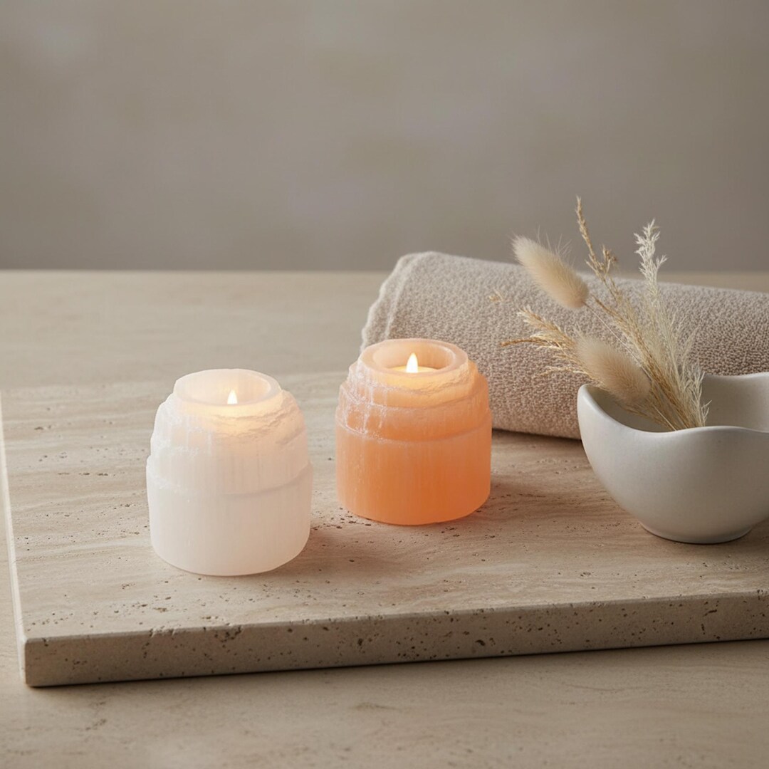 Selenite Tealight Holder Set, Natural and Orange Raw Stone, Polished ...