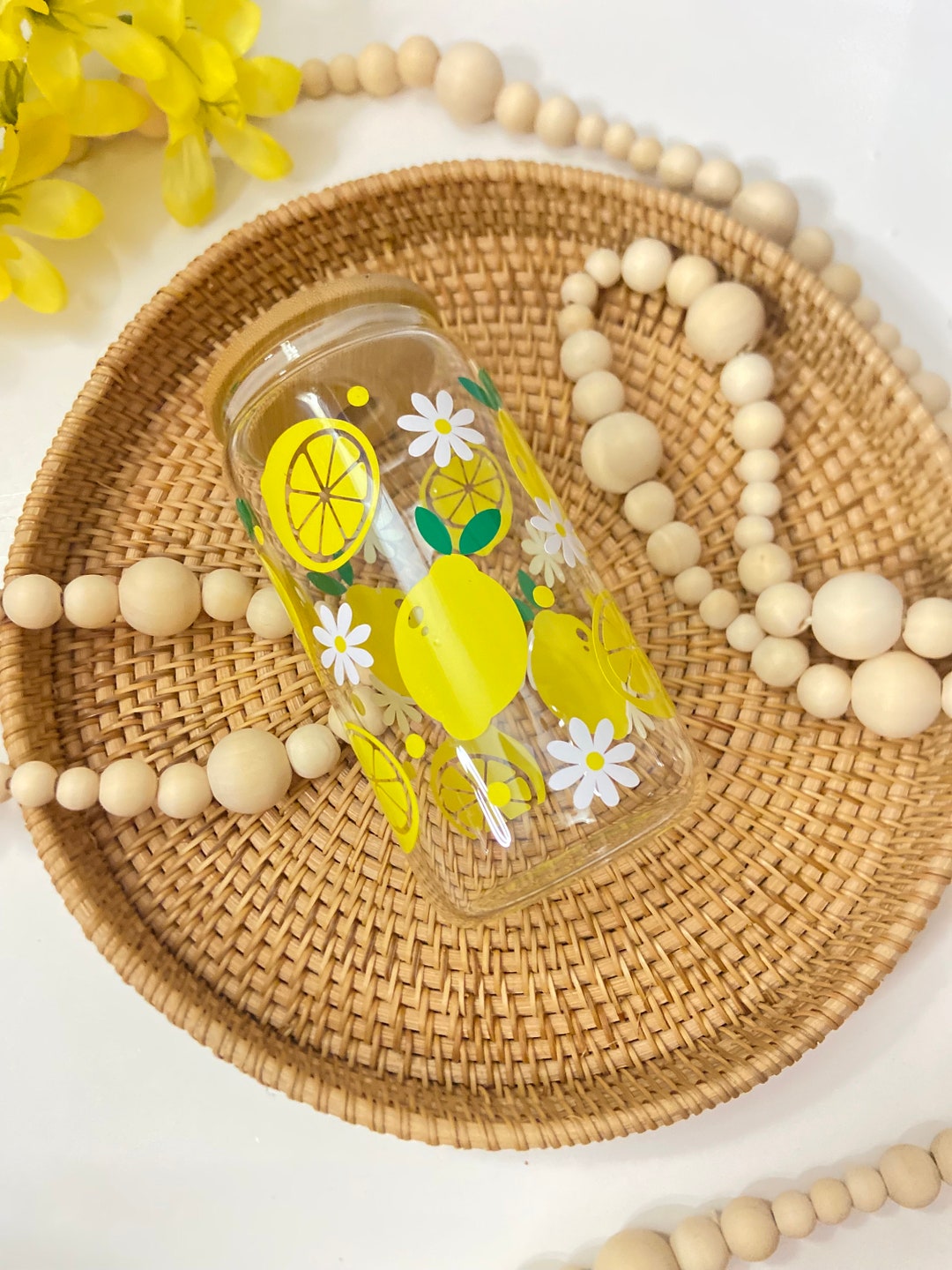 Lemon Glass Cup With Daisy Flowers - Etsy