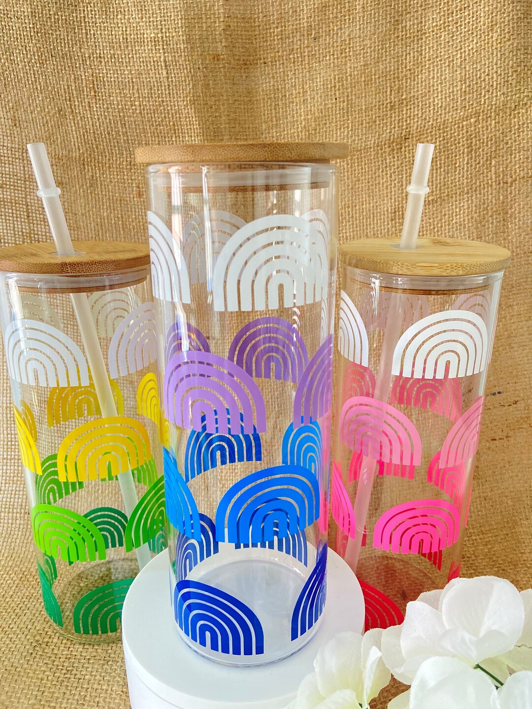 Rainbow Iced Coffee Cup Boba Cup Multi Colored Rainbow Glass Libbey Can With Lid and Straw ...