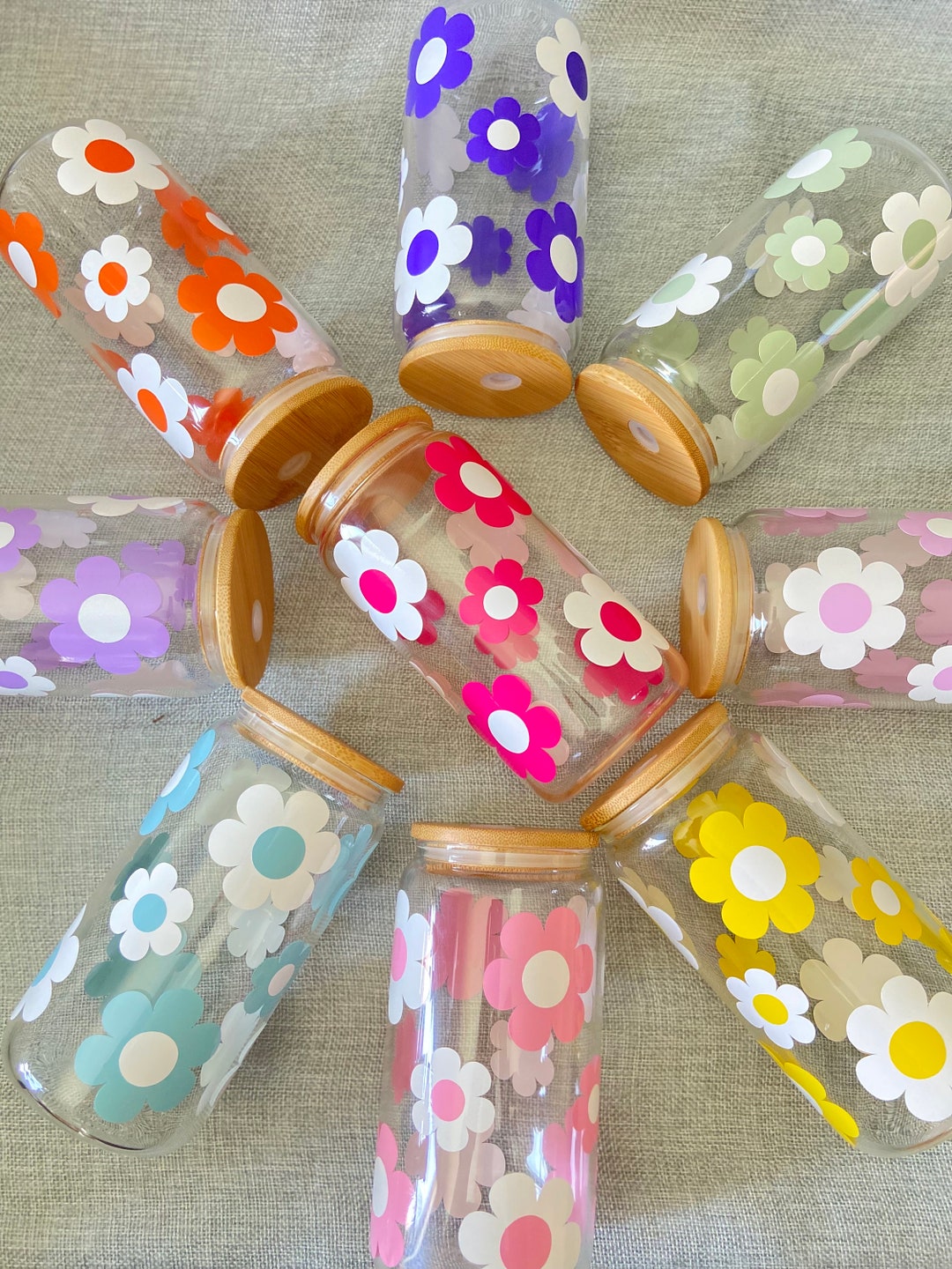 Flower Glass Cup Iced Coffee Glass Retro Flower Glass Beer Can With Lid ...