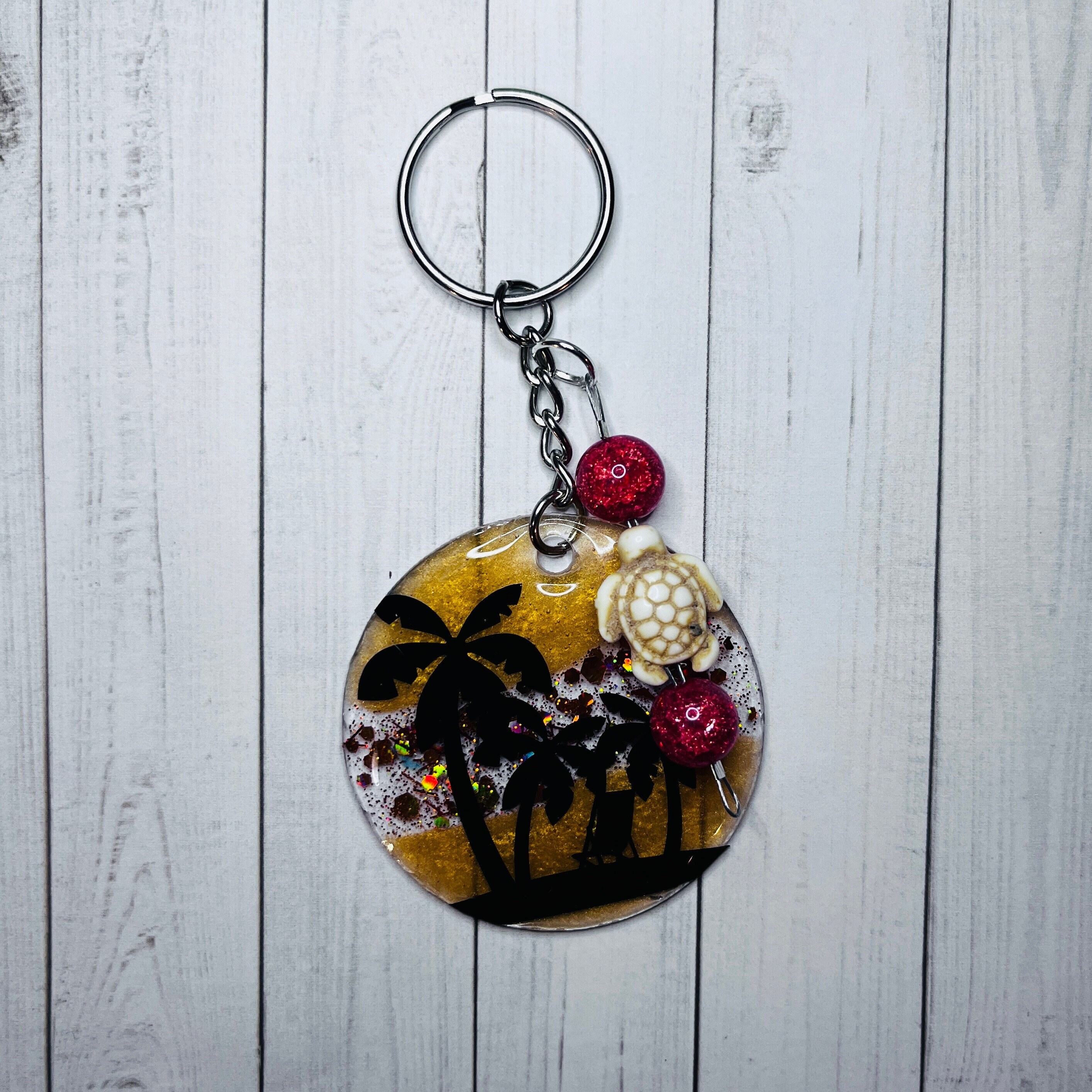 Sea Turtle Beach Silhouette Key Ring W/tangerine Beads & Ivory Sea ...