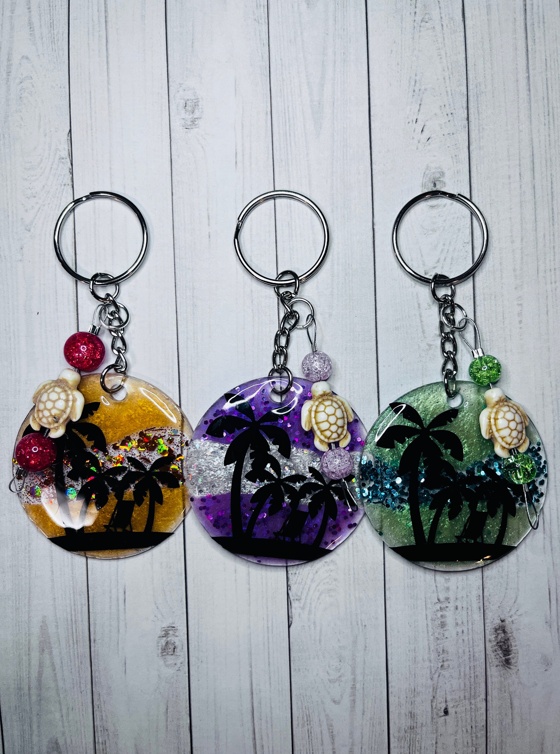 Sea Turtle Beach Silhouette Key Ring W/tangerine Beads & Ivory Sea ...