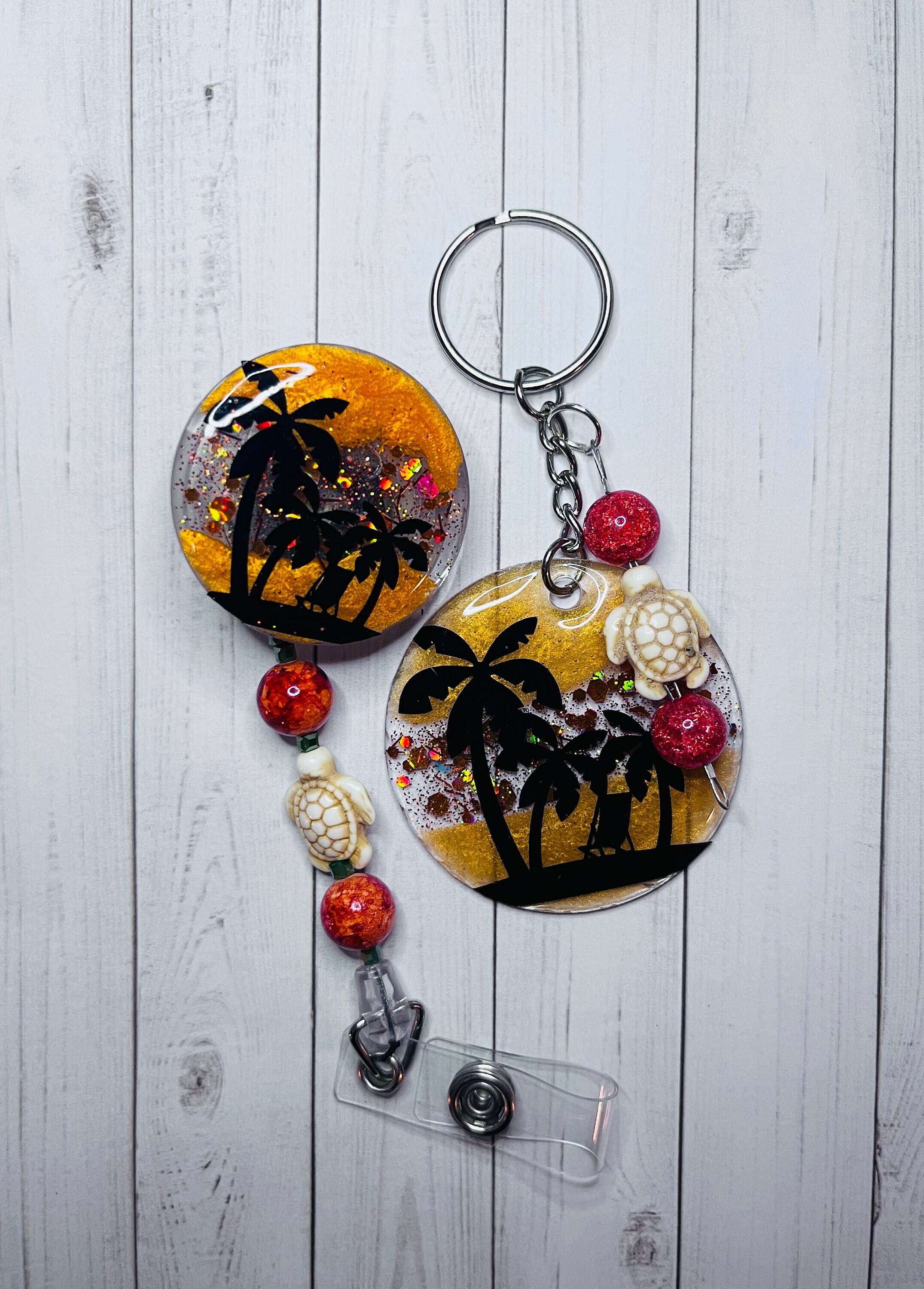 Sea Turtle Beach Silhouette Key Ring W/tangerine Beads & Ivory Sea ...