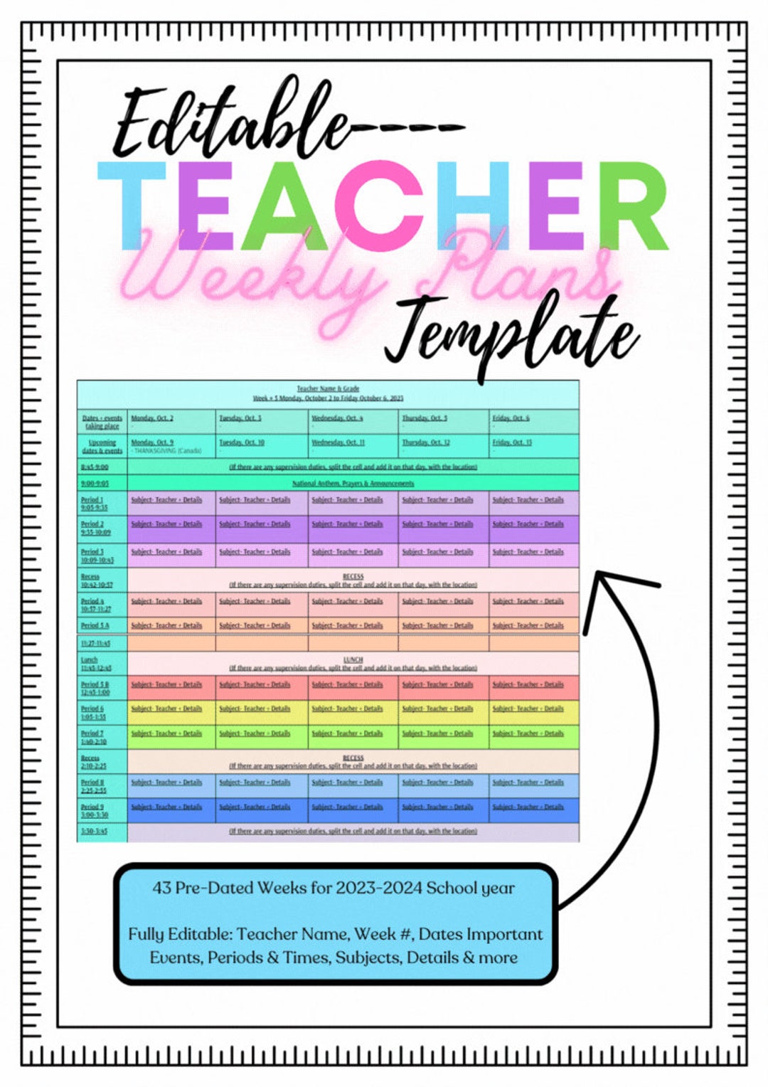 Editable Digital Teacher Weekly Plans 2023-2024 School Year - Etsy