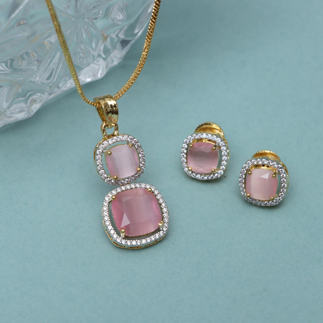 Pink CZ Gold Earring & Pendant Set, Pink Jewelry Set for Wedding ...