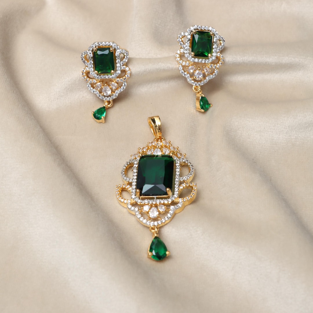Gold-plated Green & White Stone Jewelry Set | Elegant Pendant and ...