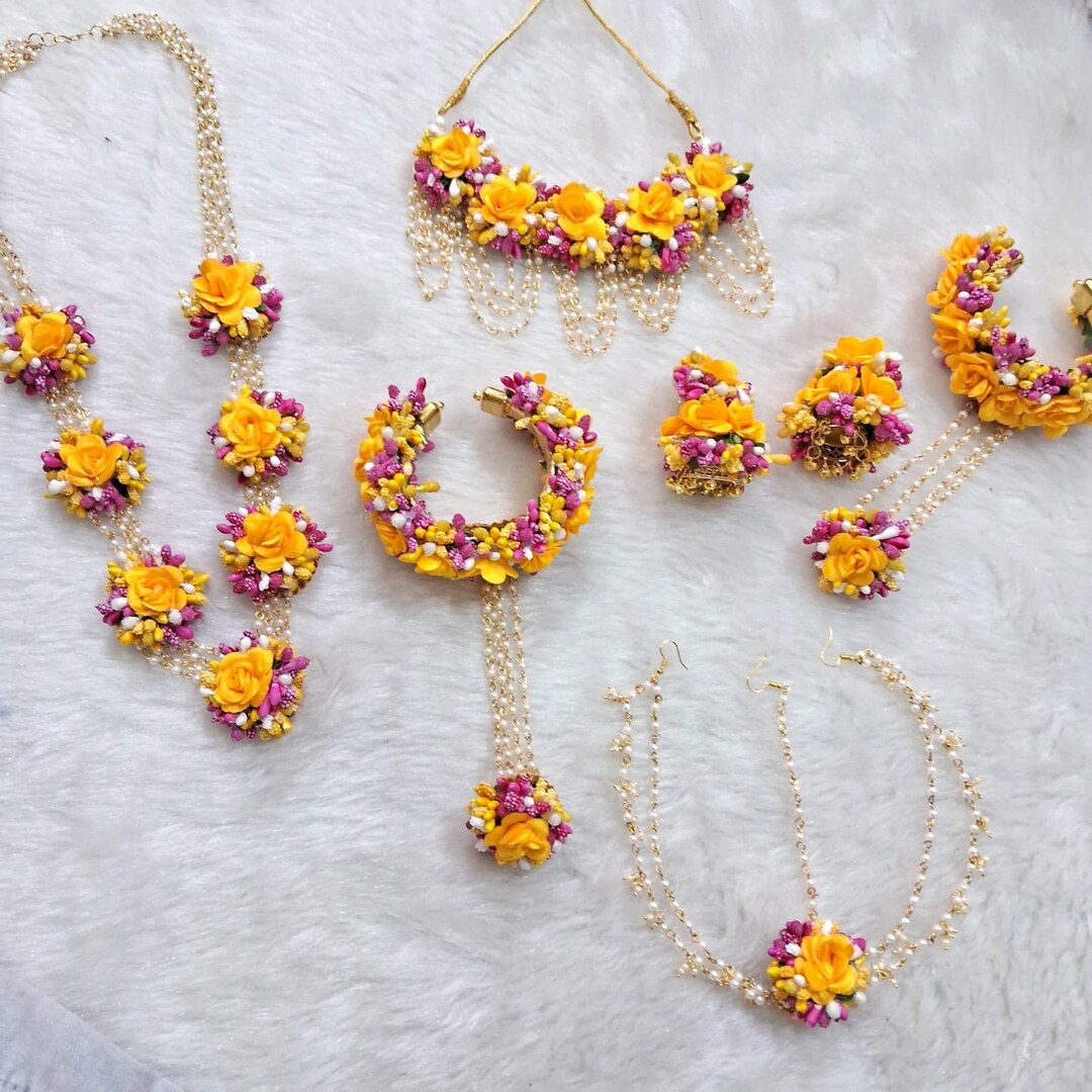 Handmade Artificial Floral Yellow and Hot Pink Jewelry Set for Haldi ...