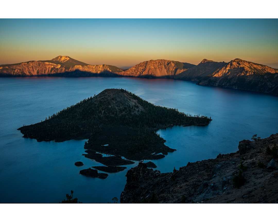 Photograph of Sunset Light on Rim of Crater Lake Volcano With Wizard ...
