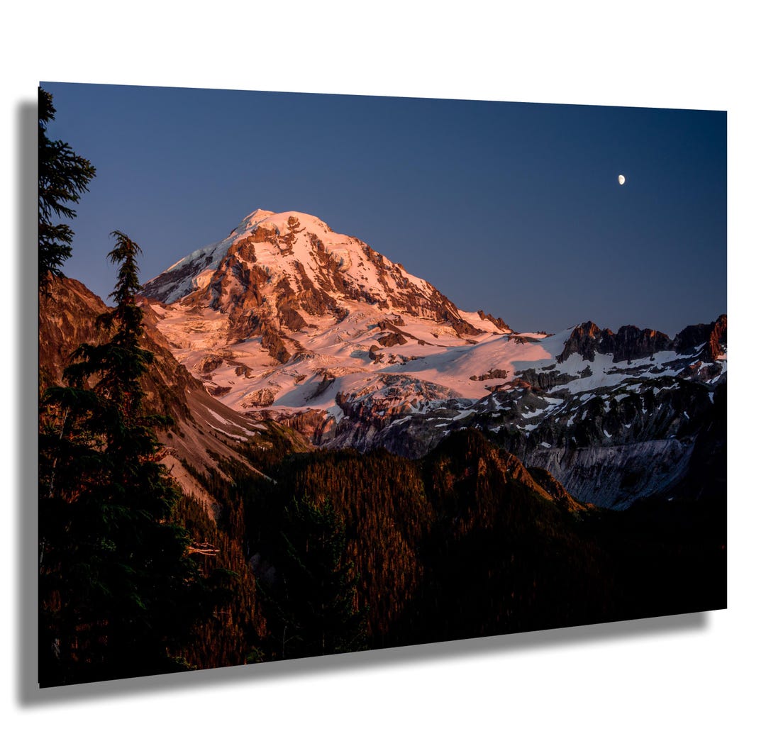 Landscape Photograph of Half Moon Over Mt Rainier at Sunset From Eagle ...