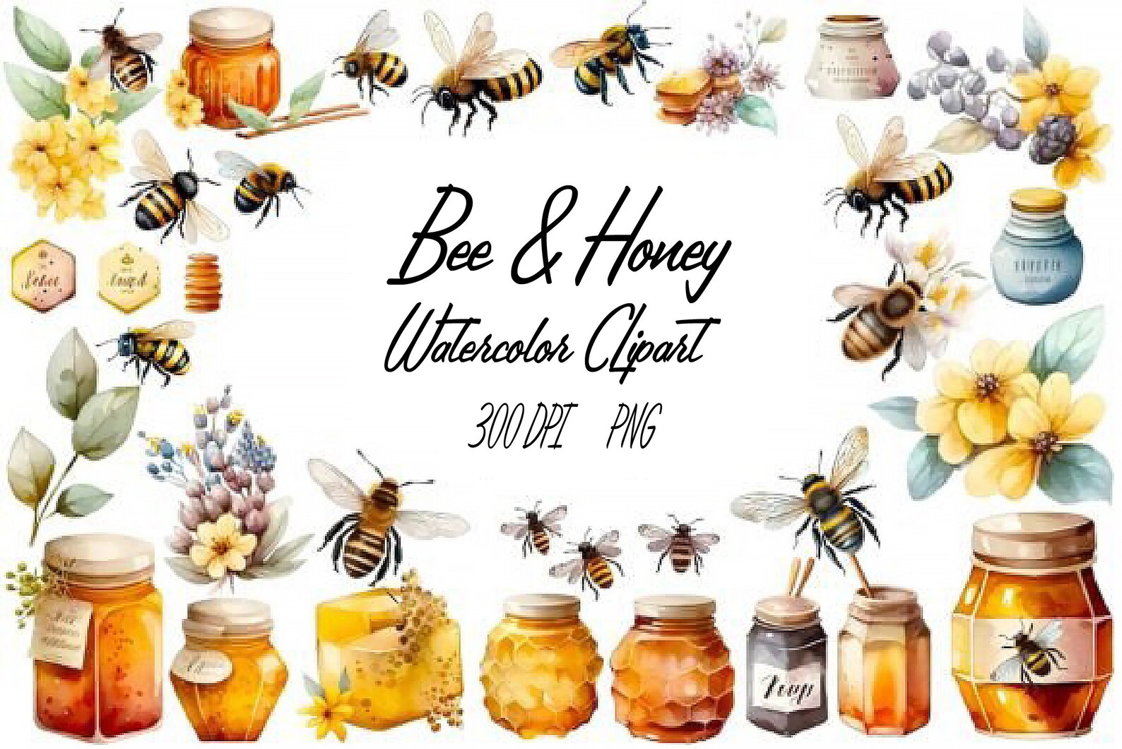 Watercolor Honey Bee Clipart, Spring Garden Bee and Honey Drips Clip ...