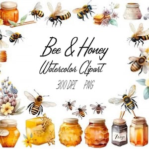 Watercolor Honey Bee Clipart, Spring Garden Bee and Honey Drips Clip ...