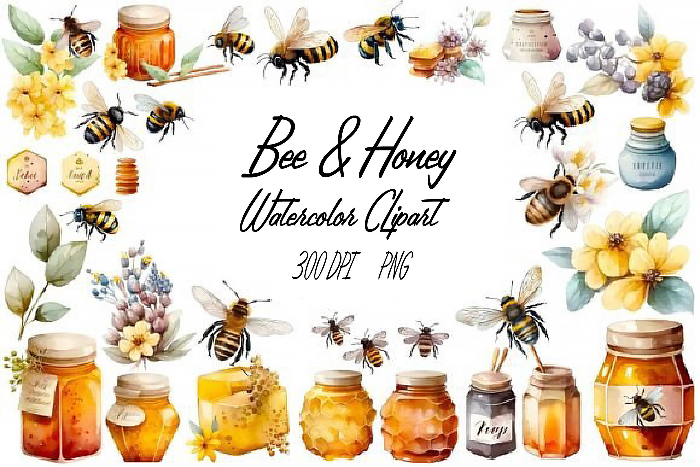 Watercolor Honey Bee Clipart, Spring Garden Bee and Honey Drips Clip ...