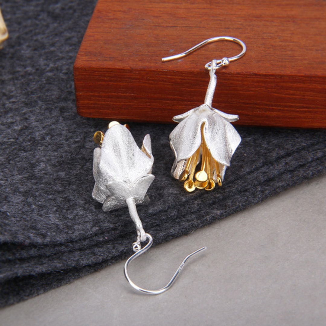 Dainty Tulip Drop Earrings, Cute Gold Tulip Flower Earrings, Gold Stamens Flower, Sterling ...