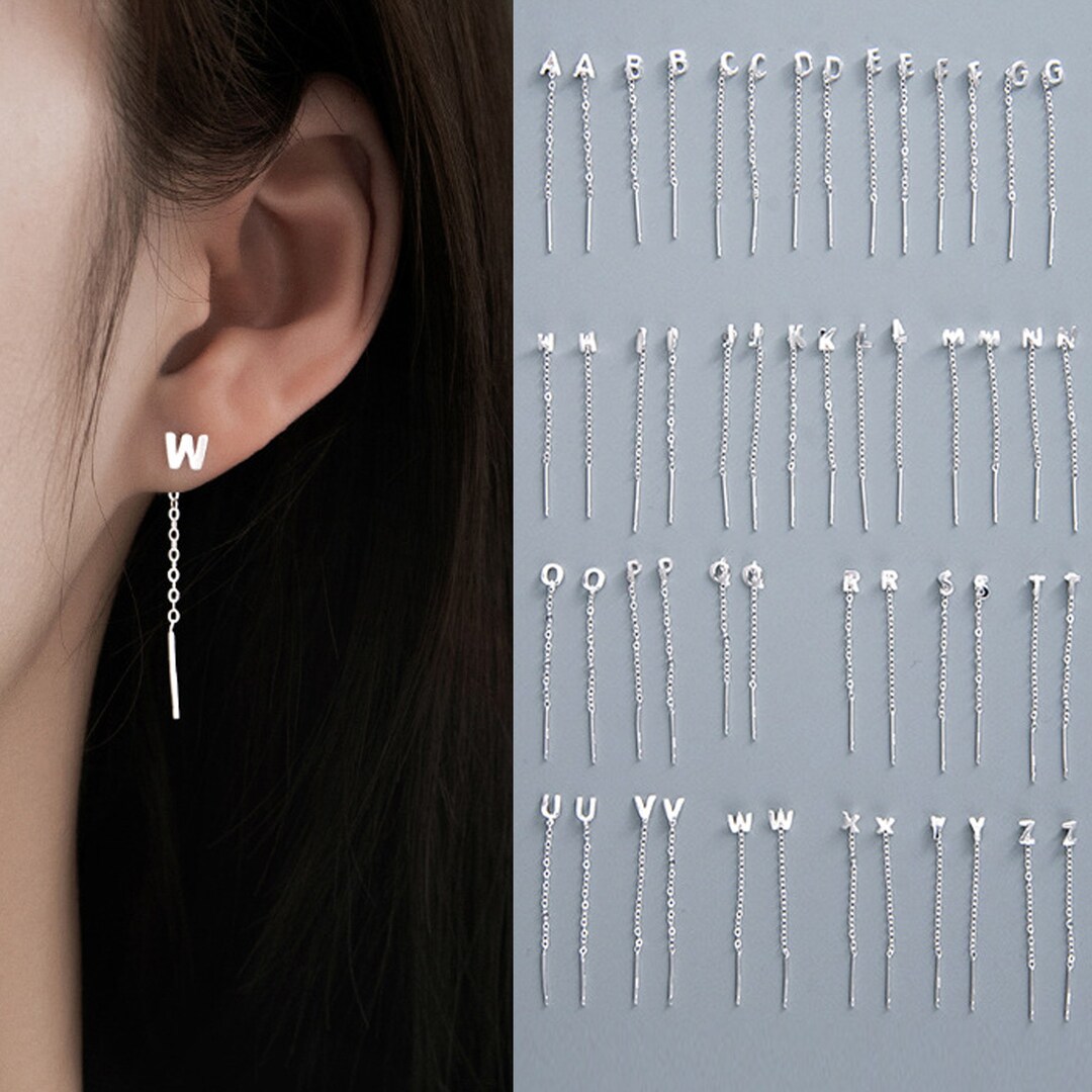 Sterling Silver Letter Threader Earrings A-Z, Chain Threader Earrings ...