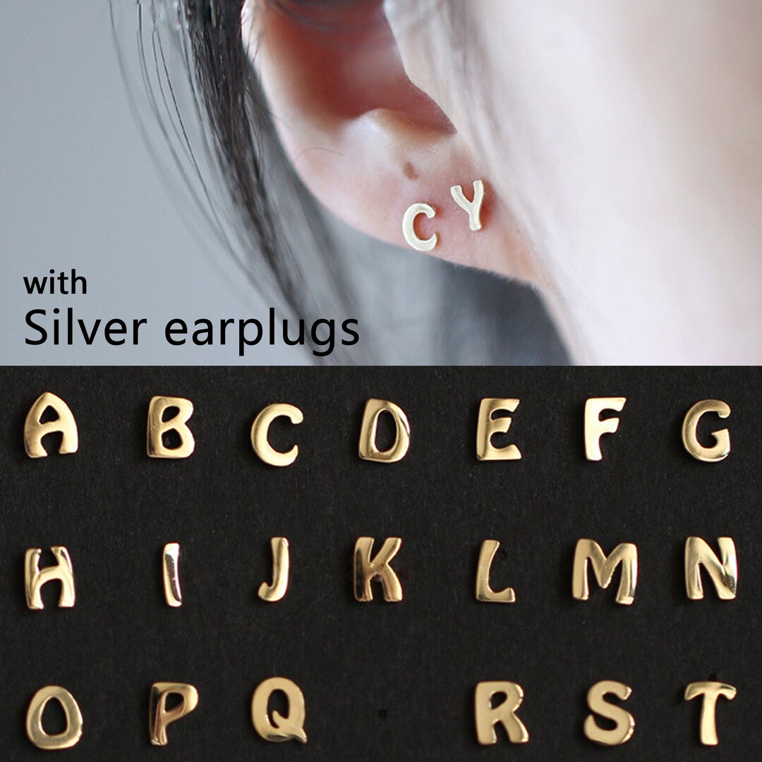 ONE Small Initial Letter Stud Earring in Sterling Silver 18K - Etsy