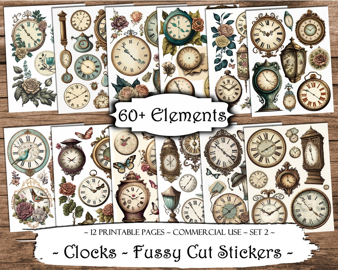 Clocks Fussy Cut Printable Stickers, Junk Journal Printable Ephemera ...