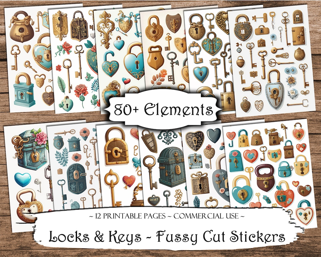 Locks & Keys Fussy Cut Printable Stickers, Junk Journal Printable ...