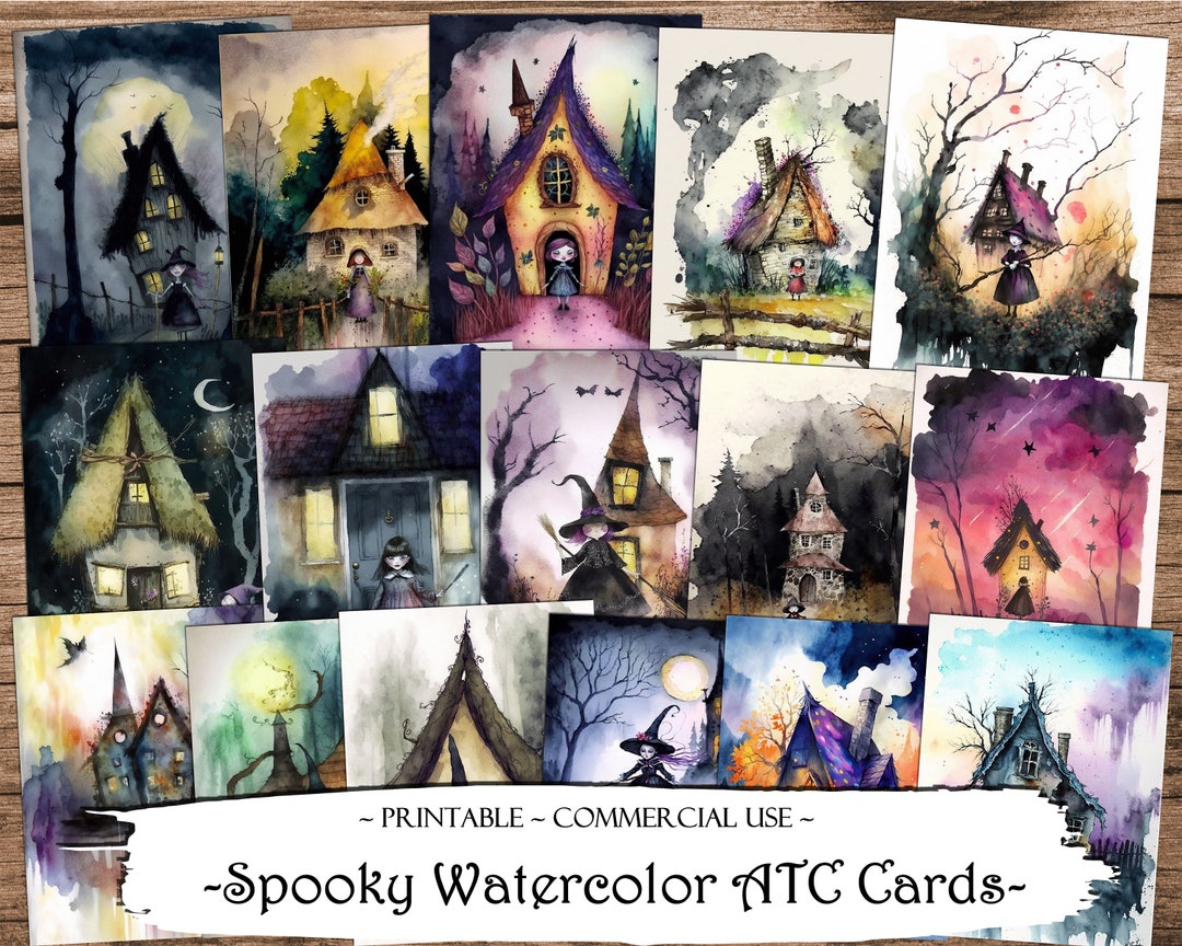 Spooky Watercolor ATC Cards, Junk Journal Cards, Digital Paper ...