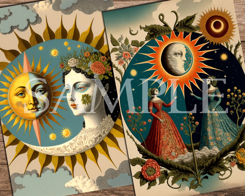 Sun and Moon Cards Junk Journal Cards Digital Paper - Etsy