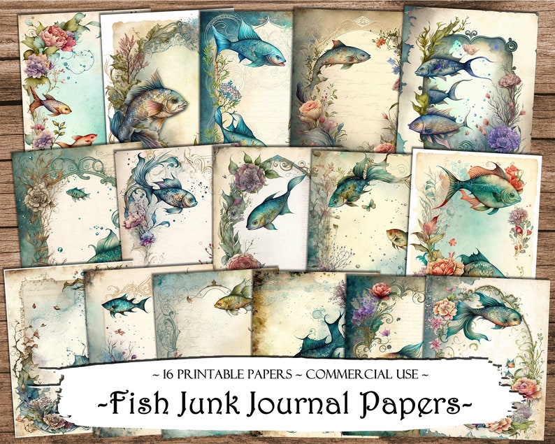 Fish Junk Journal Papers, Scrapbooking Pages, Junk Journal Pages ...