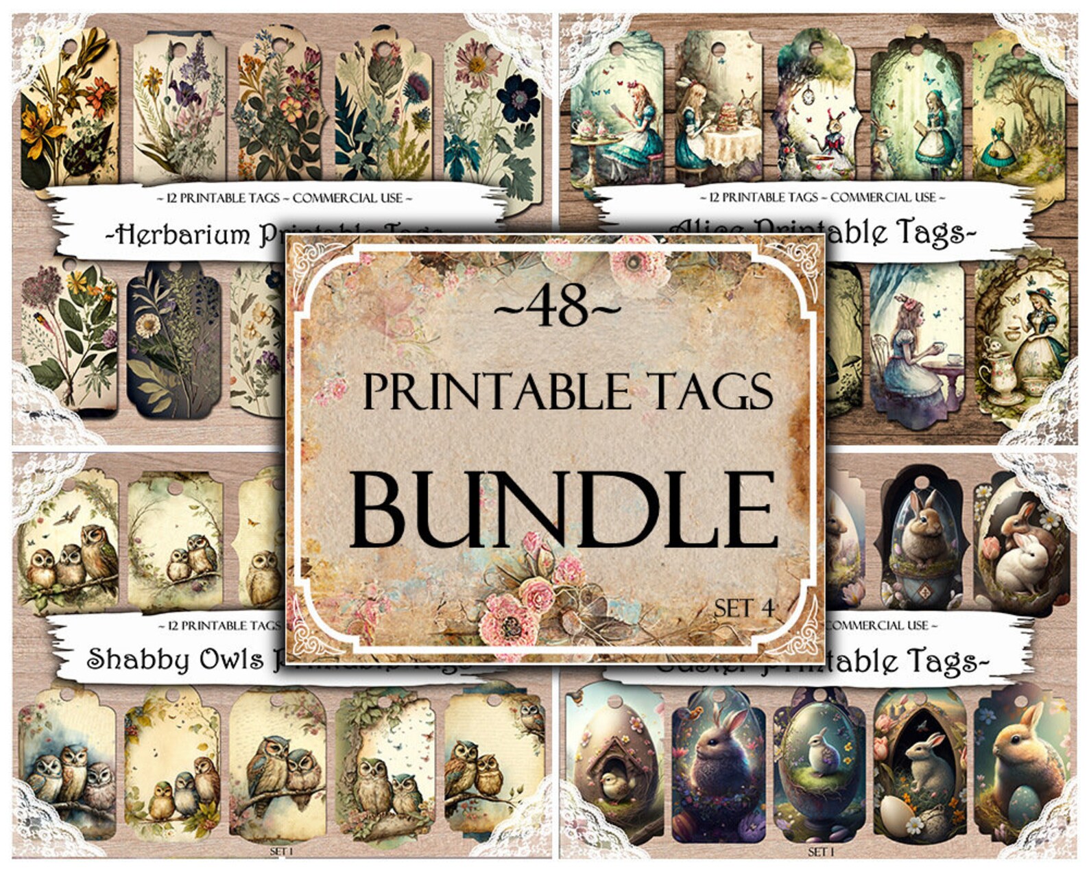 Printable Junk Journal Tags Bundle: Herbarium, Alice, Owls (digital ...