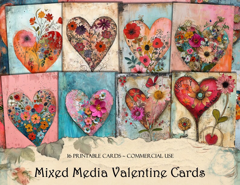 Mixed Media Valentine Cards: Floral Heart Journal & ATC Cards (digital ...