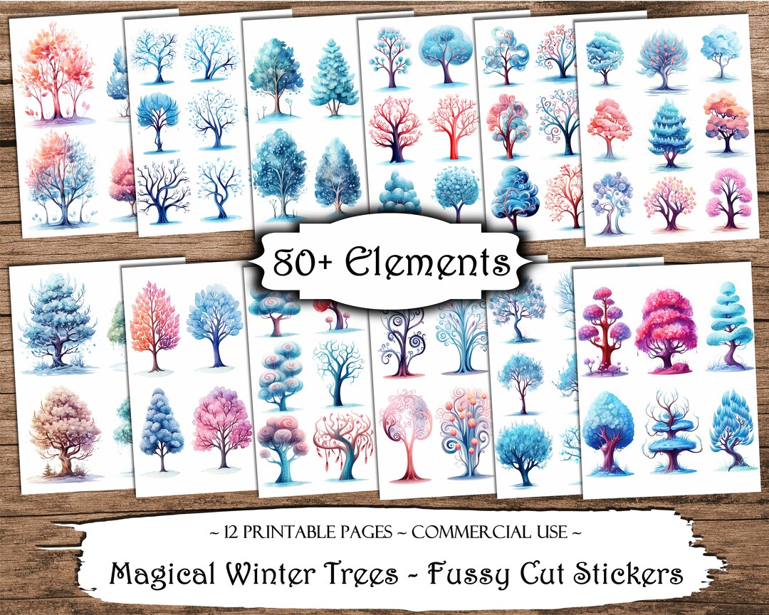 Magical Winter Trees Fussy Cut Printable Stickers, Junk Journal ...