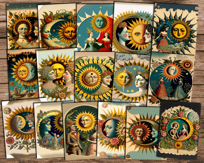 Sun and Moon Cards Junk Journal Cards Digital Paper - Etsy