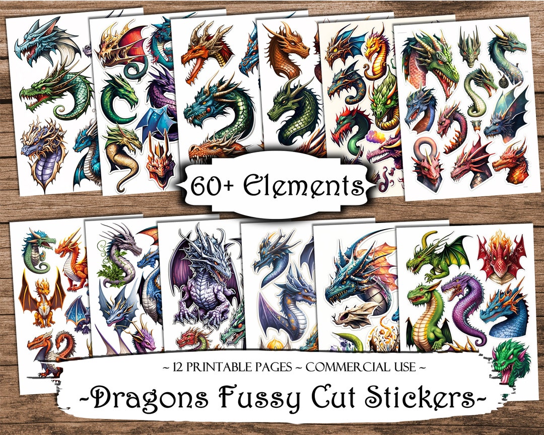 Dragons Fussy Cut Printable Stickers, Junk Journal Printable Ephemera ...