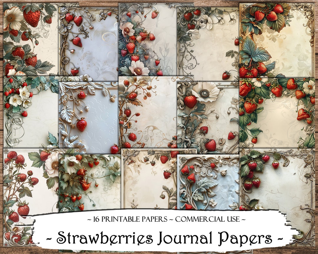 Strawberries Journal Pages, Junk Journal Kit, Digital Papers ...