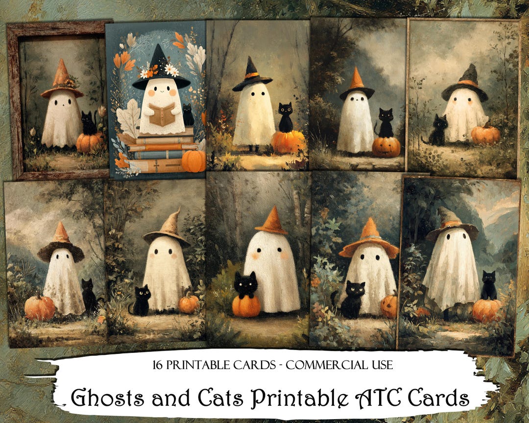 Ghosts and Cats ATC Cards, Junk Journal Cards, Digital Paper, Printable ...
