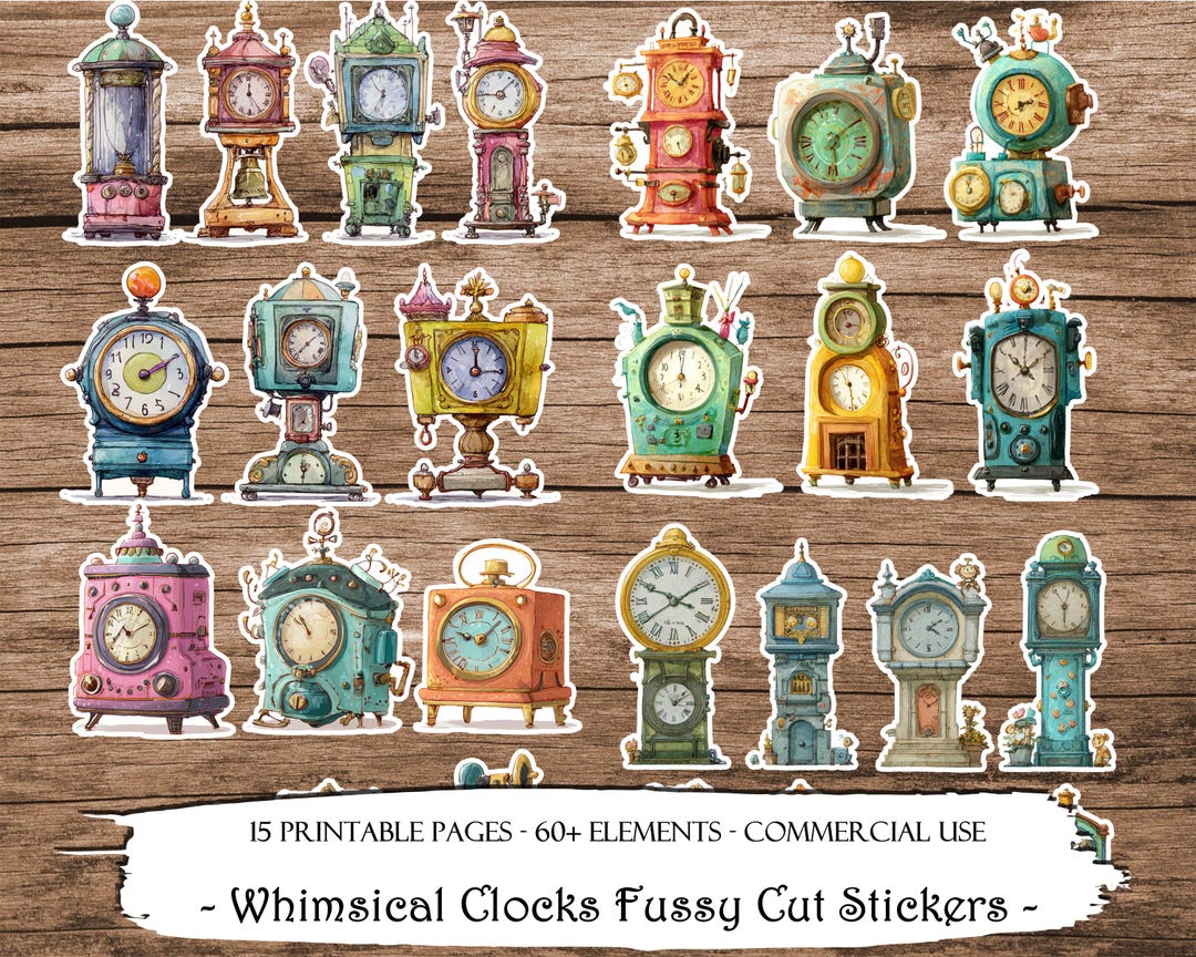 Whimsical Clocks Fussy Cuts, Printable Stickers, Digital Sticker ...