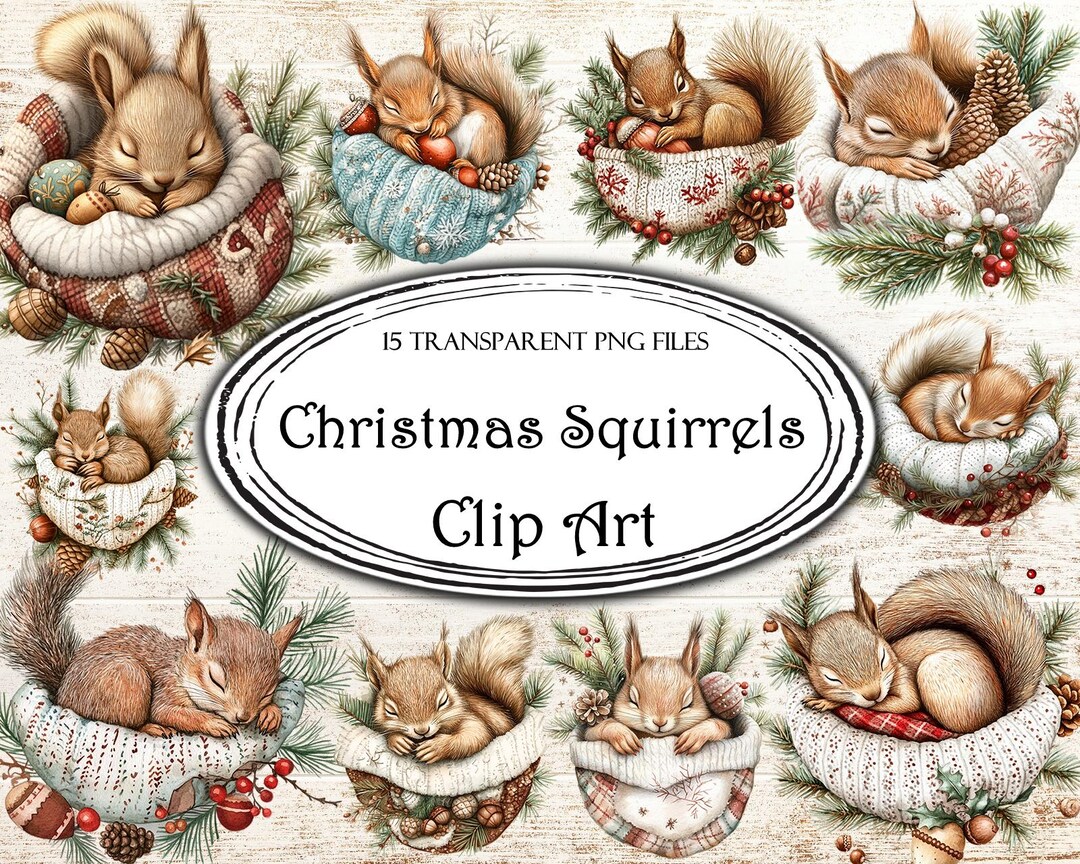 Christmas Squirrels Clip Art: PNG Files for Scrapbooking (digital ...