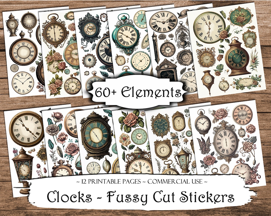 Clocks Fussy Cut Printable Stickers, Junk Journal Printable Ephemera, Junk Journal Kit ...