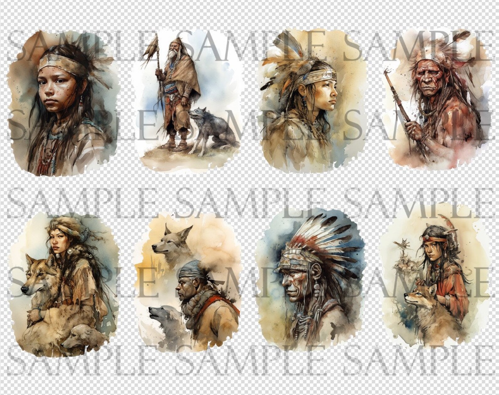 Native Americans Clip Art: Watercolor PNG Graphics (digital Download ...