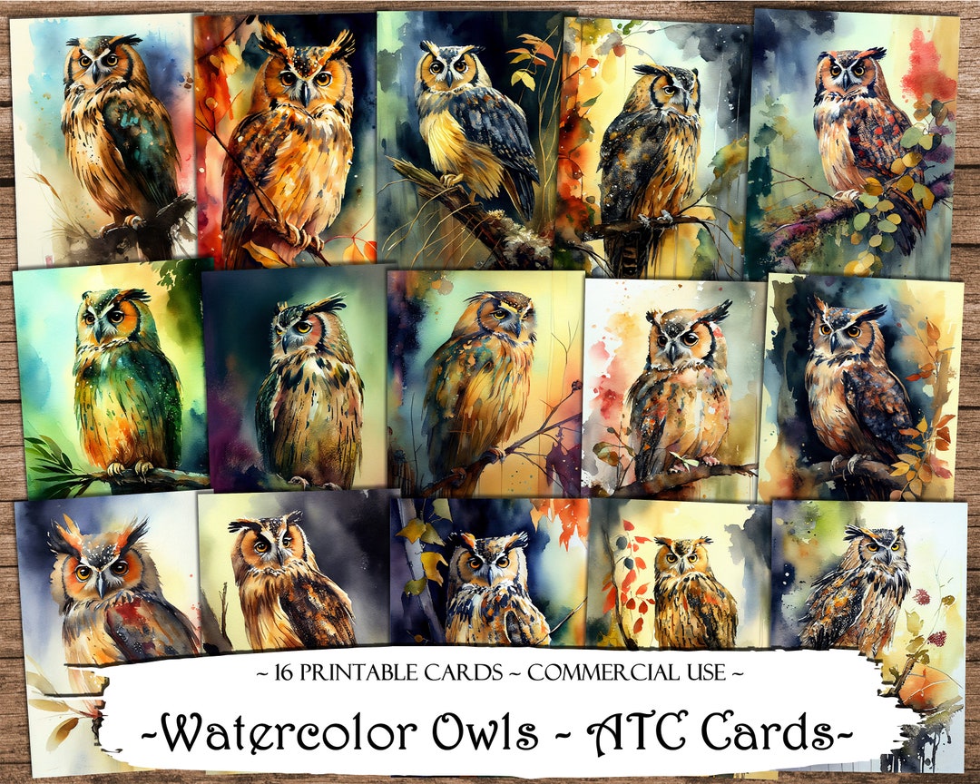 Watercolor Owls Printable ATC Cards: Junk Journal Ephemera (digital ...
