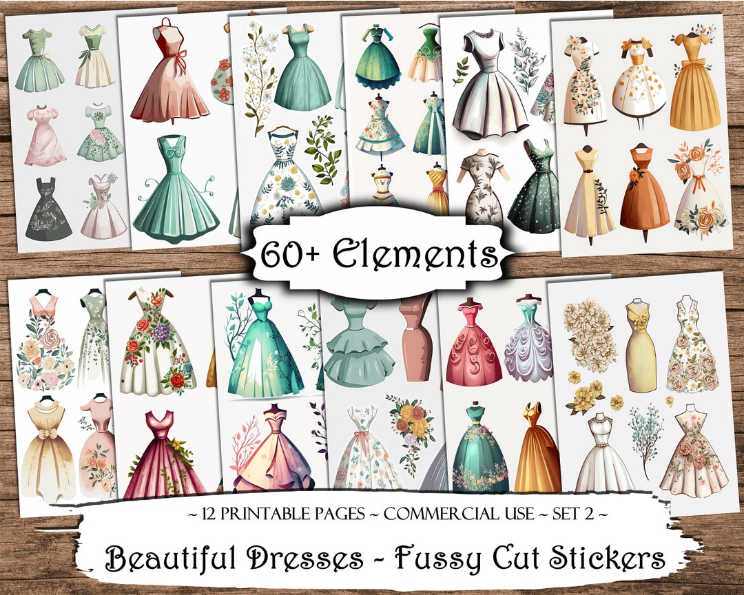 Dresses Fussy Cut Printable Stickers, Junk Journal Printable Ephemera ...