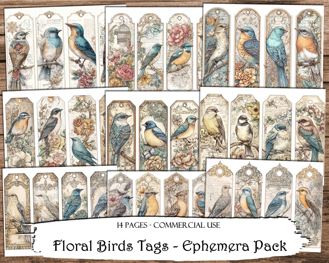 Floral Birds Ephemera Pack: Junk Journal Collage Sheets, Printable Tags ...