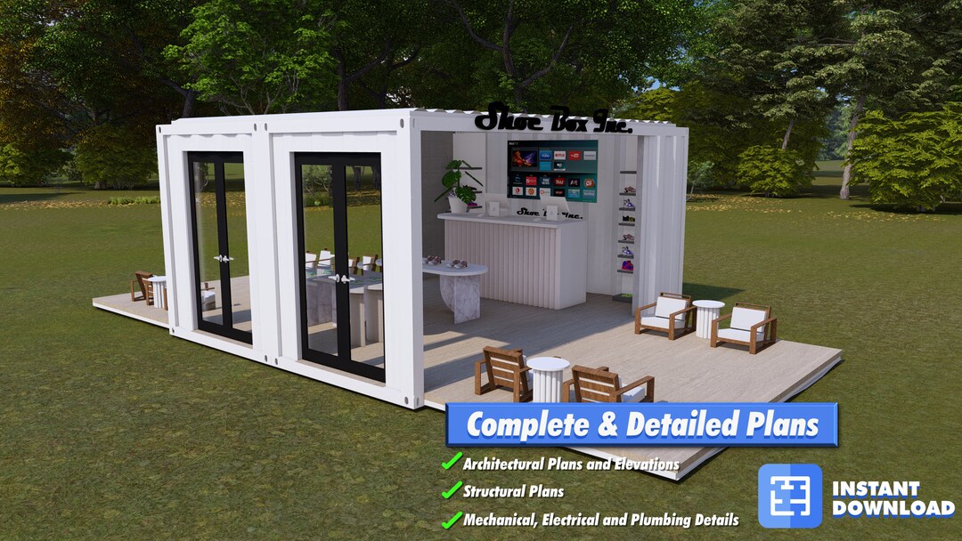 DIY 2x20ft Container Shop Plans - Shoe Box Inc - Customizable Retail ...