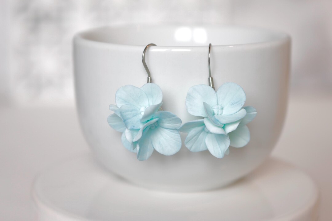 Earrings Light Blue Hydrangea Jewelry Stainless Steel Dangling on Fish ...