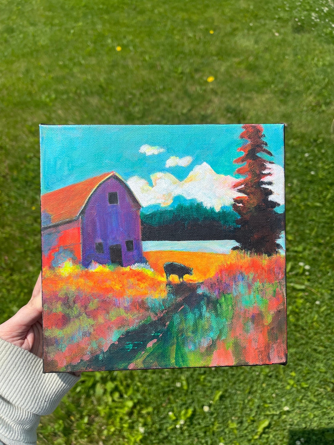 Impressionist Landscape, Cow Painting, Barn, Farm, Colorful, 8x8, Hand ...