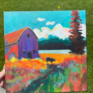 Impressionist Landscape, Cow Painting, Barn, Farm, Colorful, 8x8, Hand ...