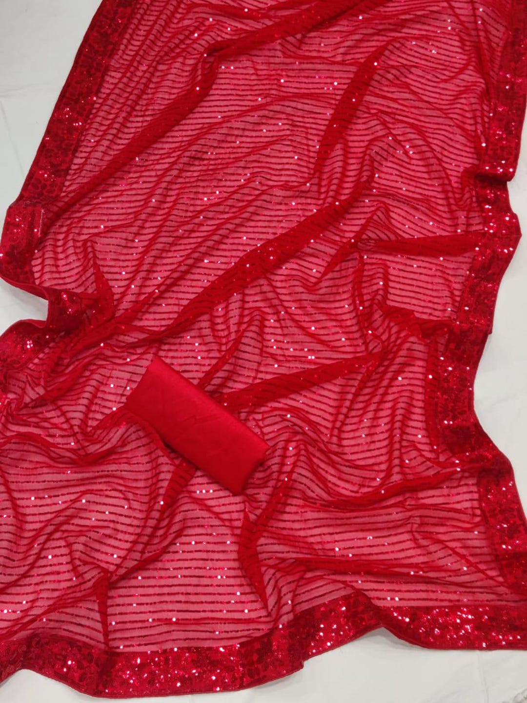 Red Sequin Saree: Heavy Georgette Wedding Party Sari, Handmade ...