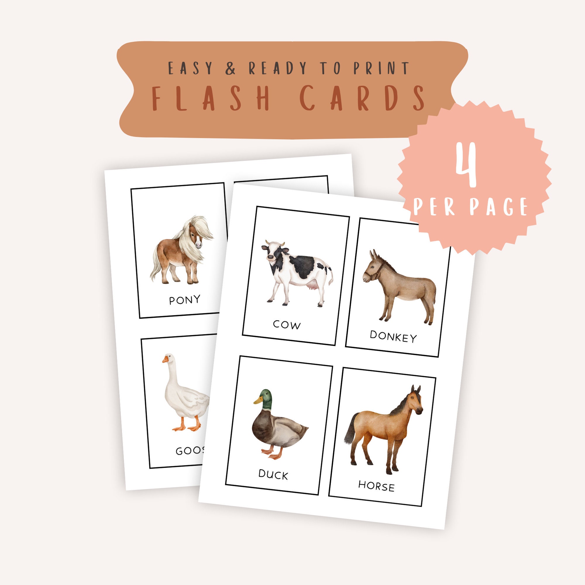 20 Farm Animals Flashcards, Montessori Cards, Flash Cards, Learning ...