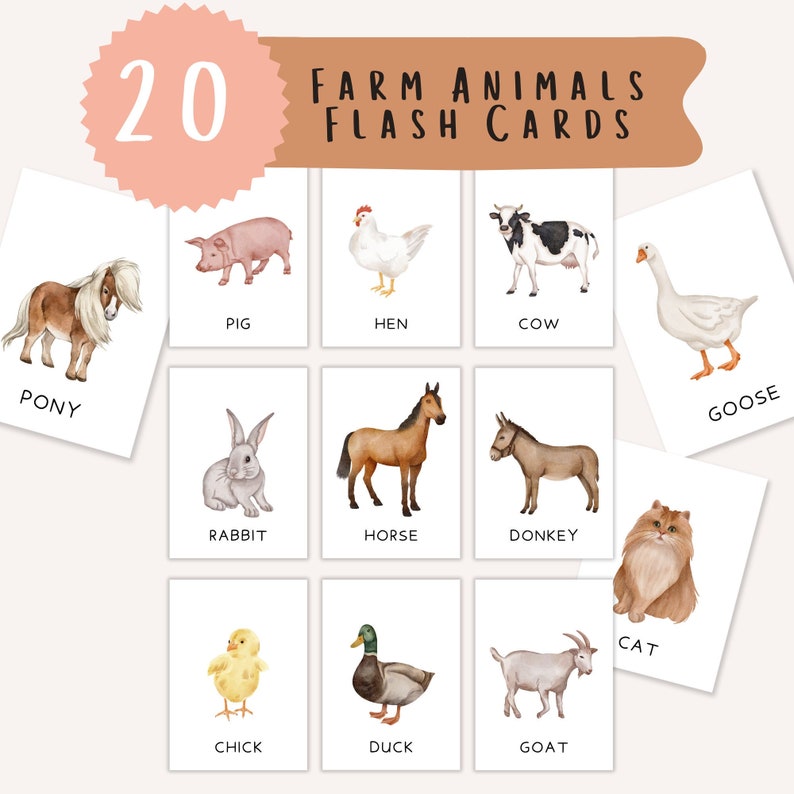 20 Farm Animals Flashcards, Montessori Cards, Flash Cards, Learning ...