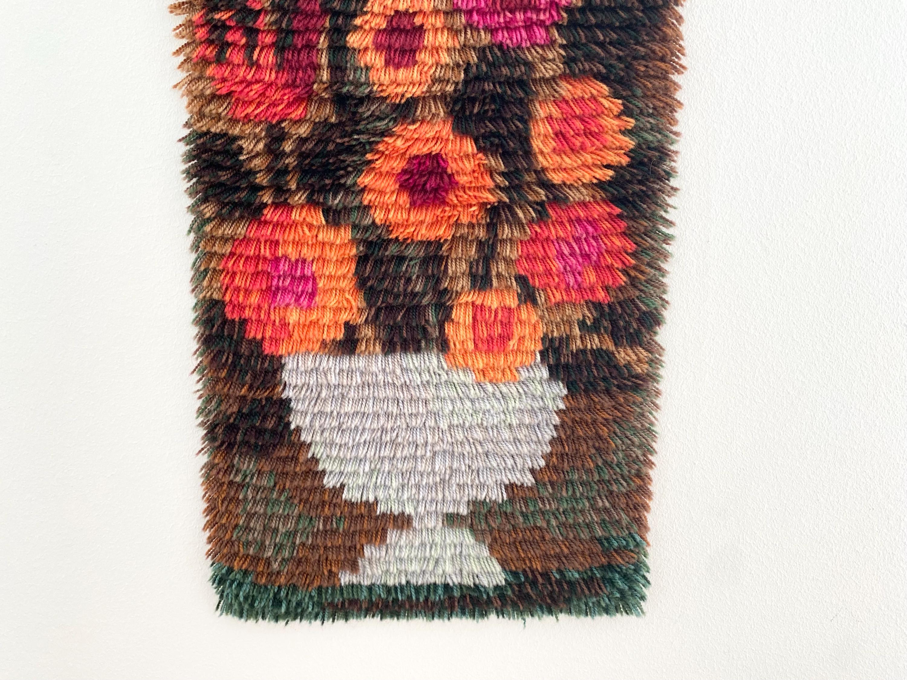 Colorful Swedish Rya Wall Hanging With Flowers. Scandinavian Mid ...